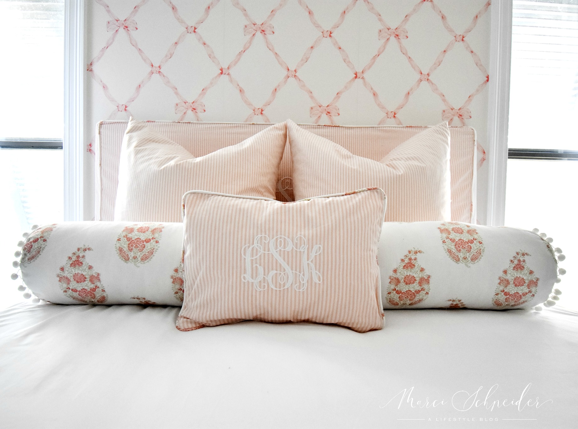 Girls Room Design- Wallpaper, Pillows, Headboard – Marci Schneider