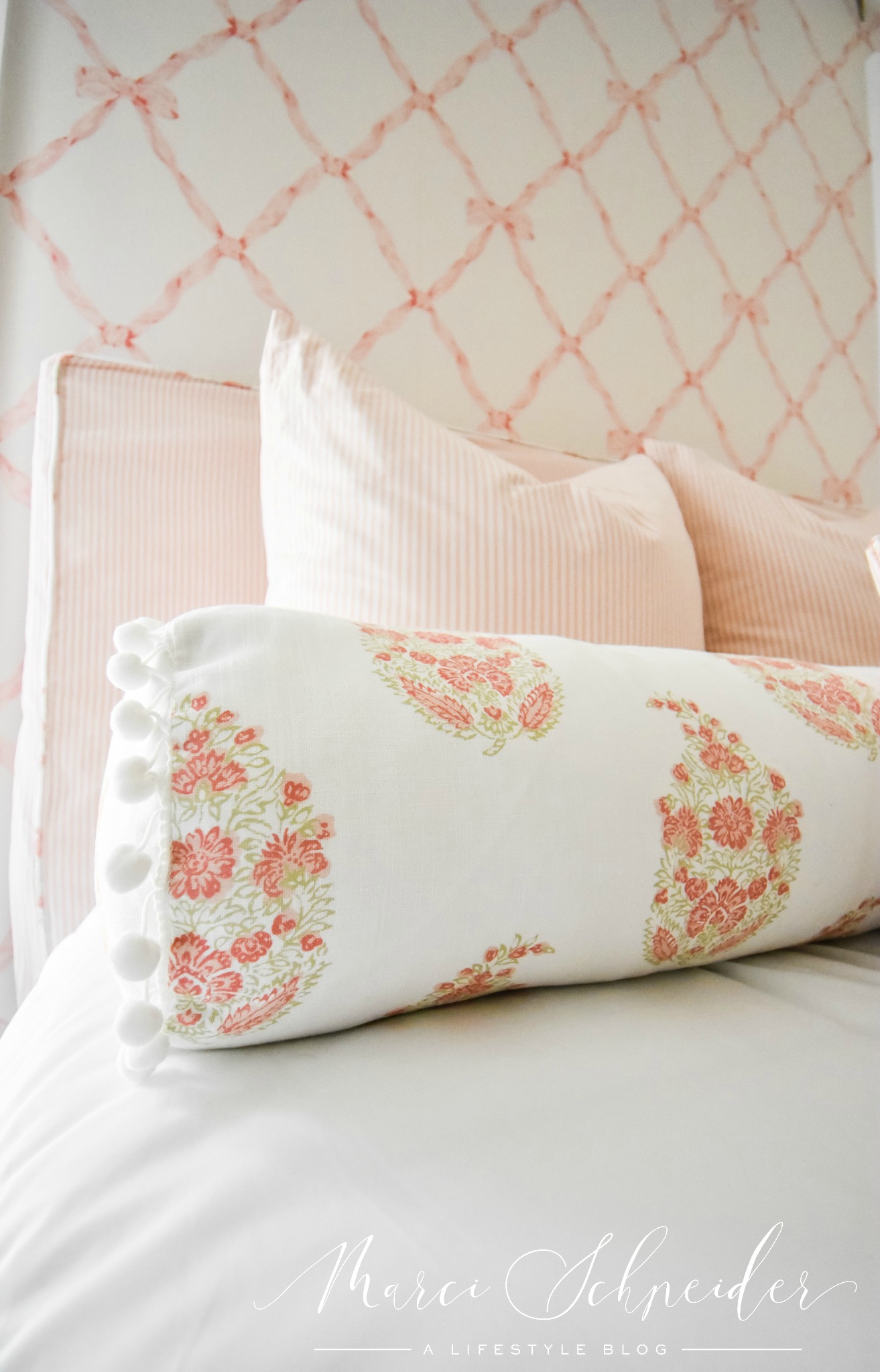 Girls Room Design- Wallpaper, Pillows, Headboard – Marci Schneider